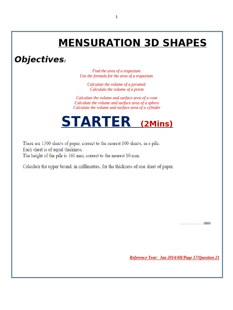 WORKSHEET ON MENSURATION 3D SHAPES | PDF