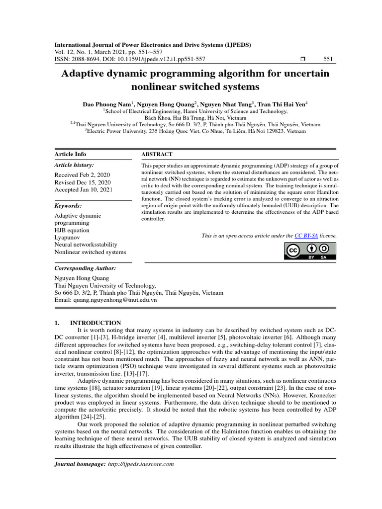 Adaptive Dynamic Programming Algorithm For Uncertain Nonlinear Switched Systems Pdf Power