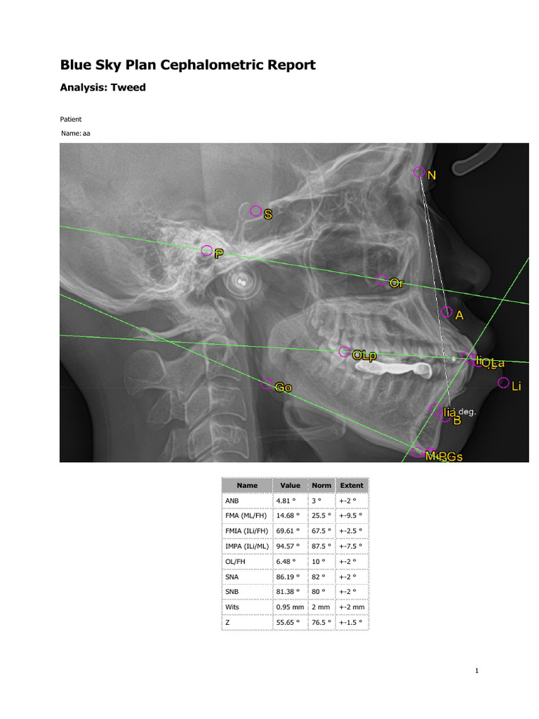 Blue Sky Plan Cephalometric Report | PDF