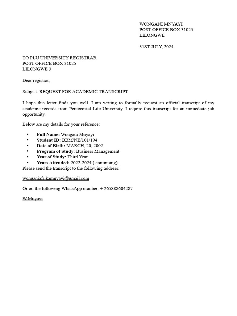 Wongani Trancript Request PDF | PDF