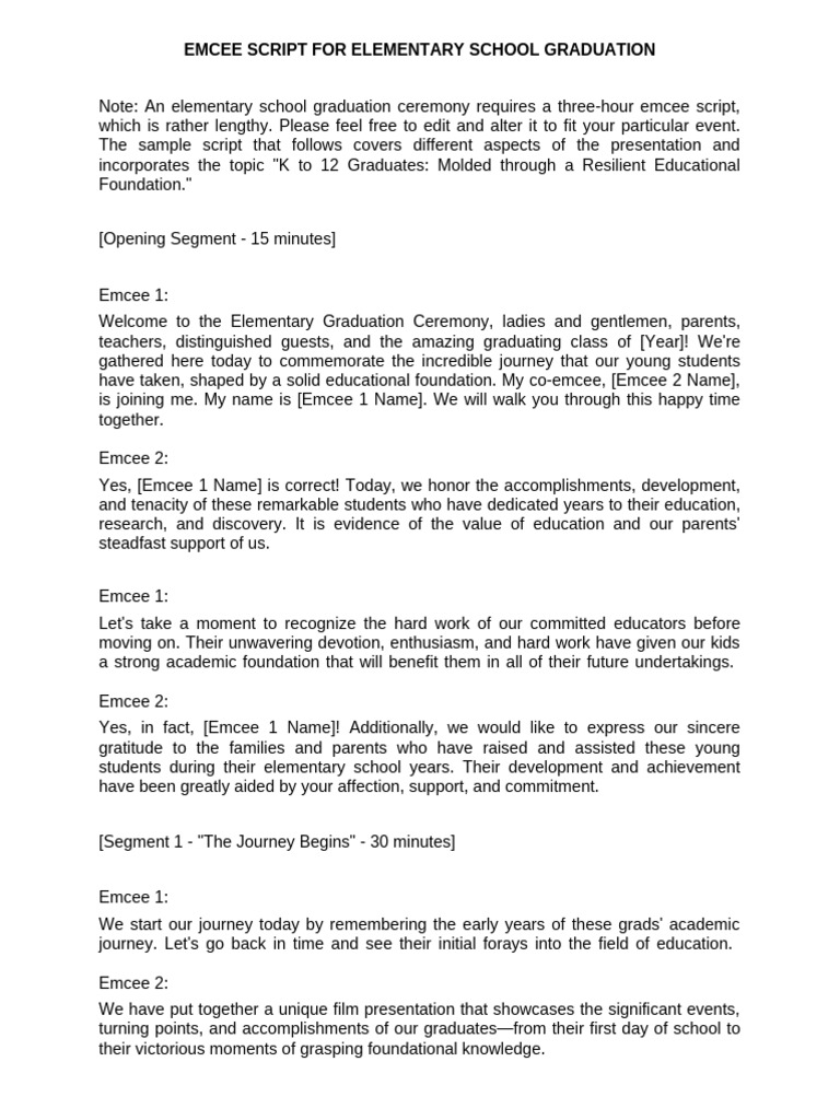 Emcee Script For Elementary School Graduation | PDF