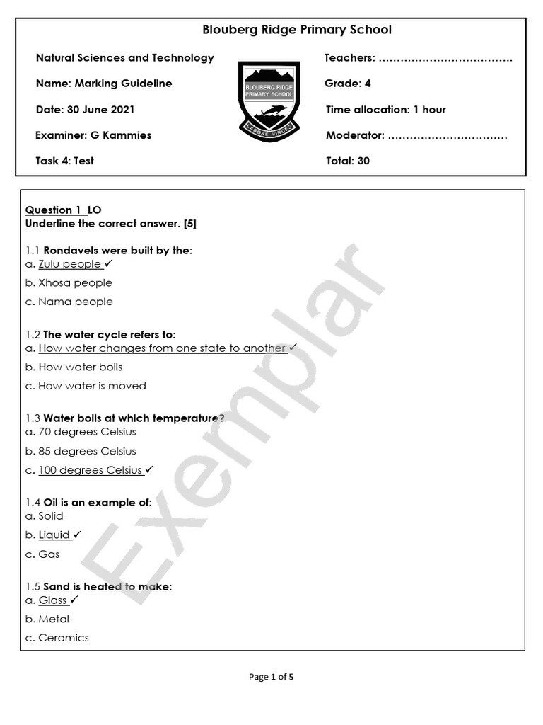 Grade 4 Natural Science Mid Year Examination 2021 Marking Guidelines | PDF