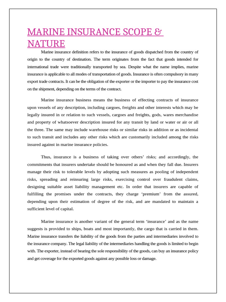 NATURE SCOPE OF MARINE INSURANCE , SALIENT FEATURES OF MARINE INSURANCE ...