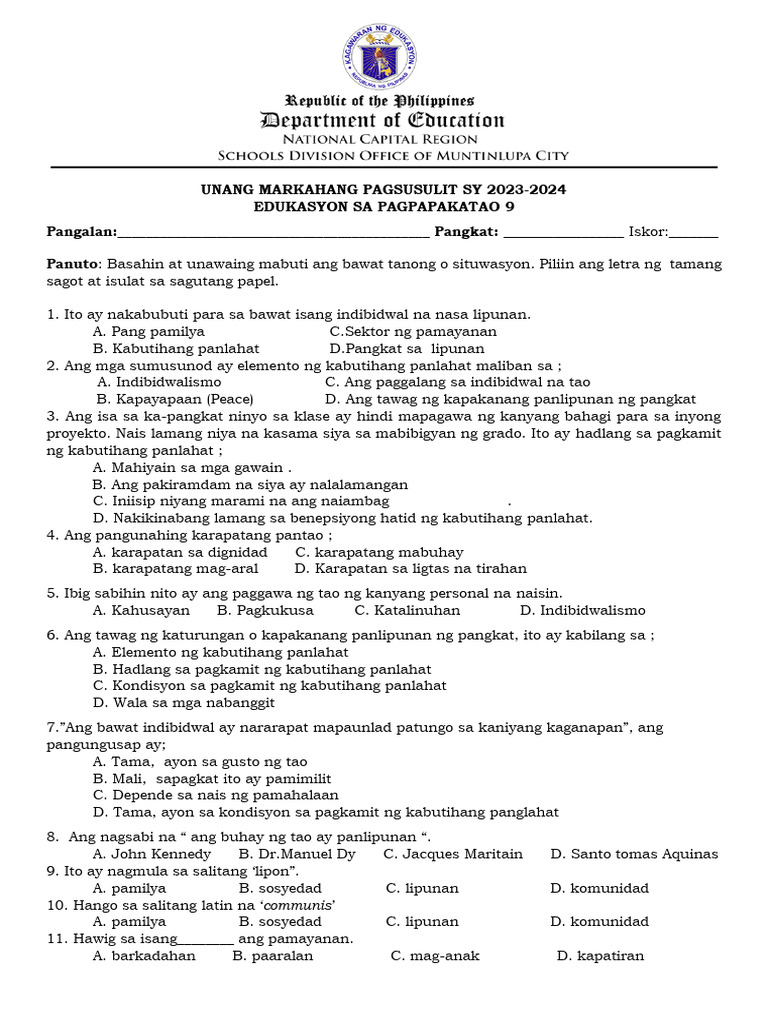 Grade 9 Periodical Test Quarter 1 | PDF