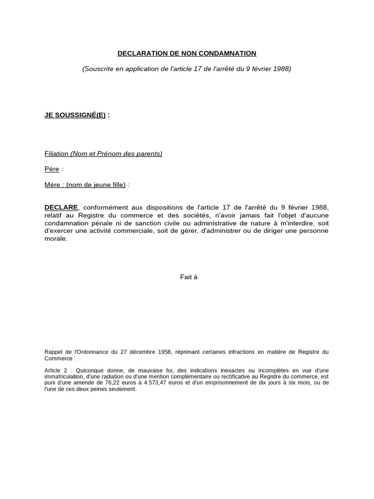 DECLARATION DE NON CONDAMNATION PENALE | PDF