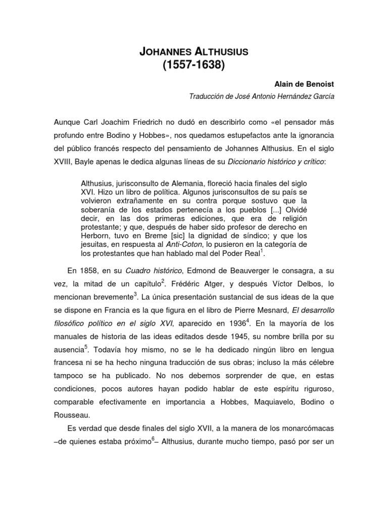 Johannes Althusius (1557-1638) . - Alain de Benoist | PDF | Soberanía ...