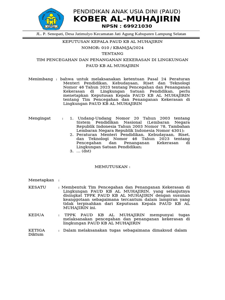 Contoh SK TPPK AL MUHAJIRIN | PDF