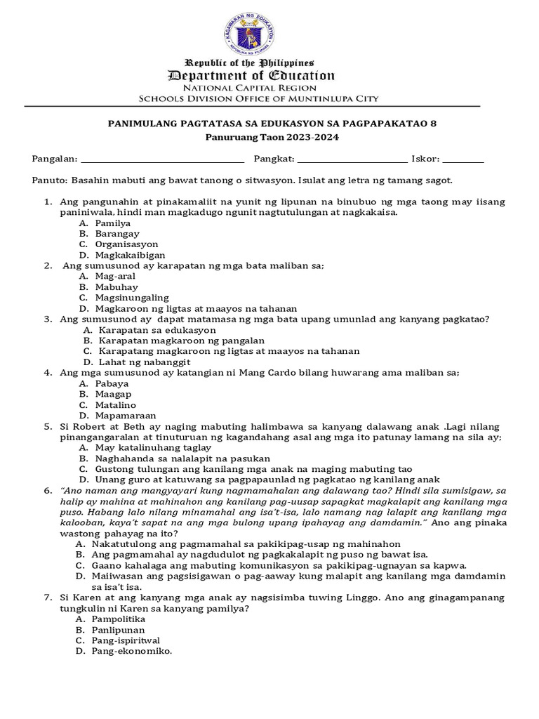 ESP Grade 8 Pre Test | PDF