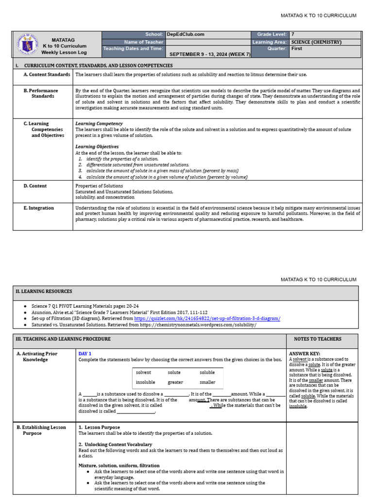 Dll Matatag _science 7 q1 w7.Docx | PDF | Mixture | Solubility
