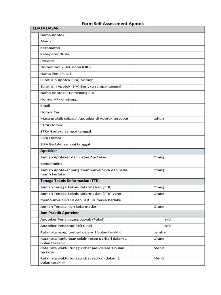 Form Self Assessment Apotek | PDF