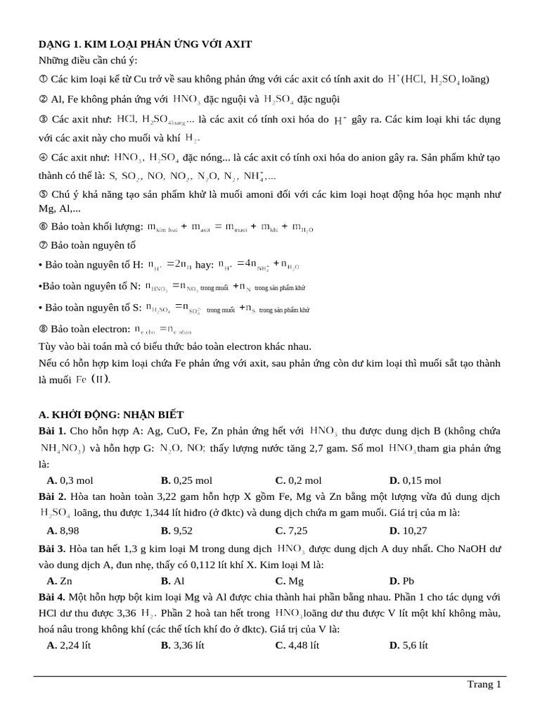 Dạng 1. Kim Loại Phản Ứng Với Axit | PDF