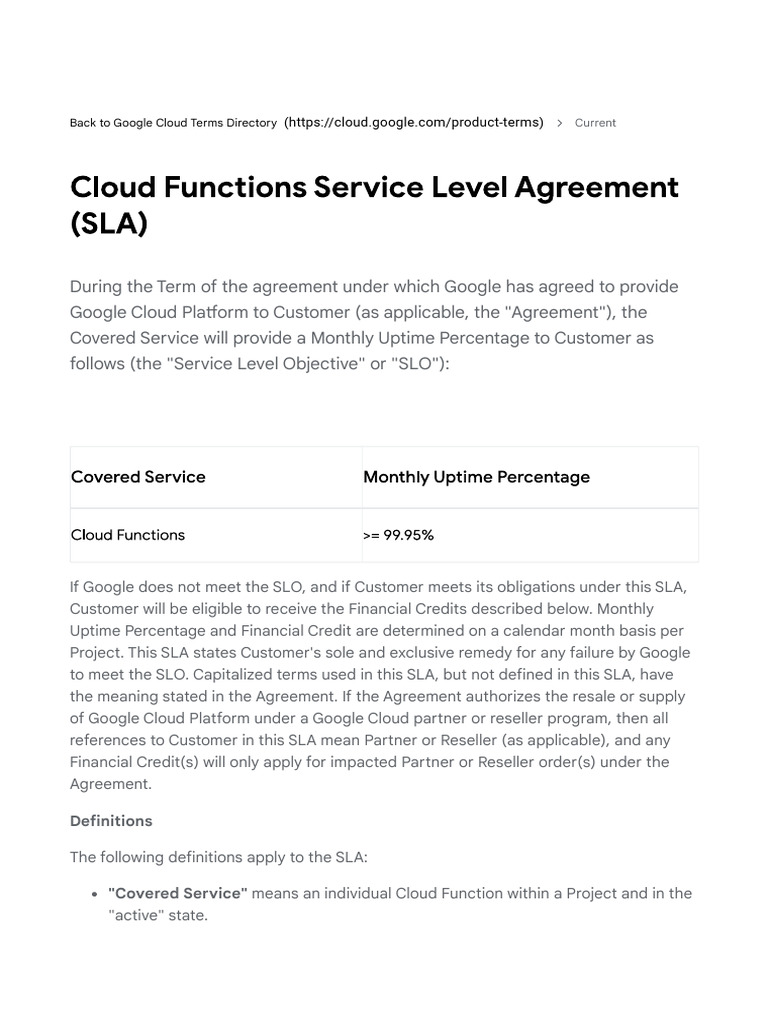 Cloud Functions Service Level Agreement (SLA) - Google Cloud | PDF