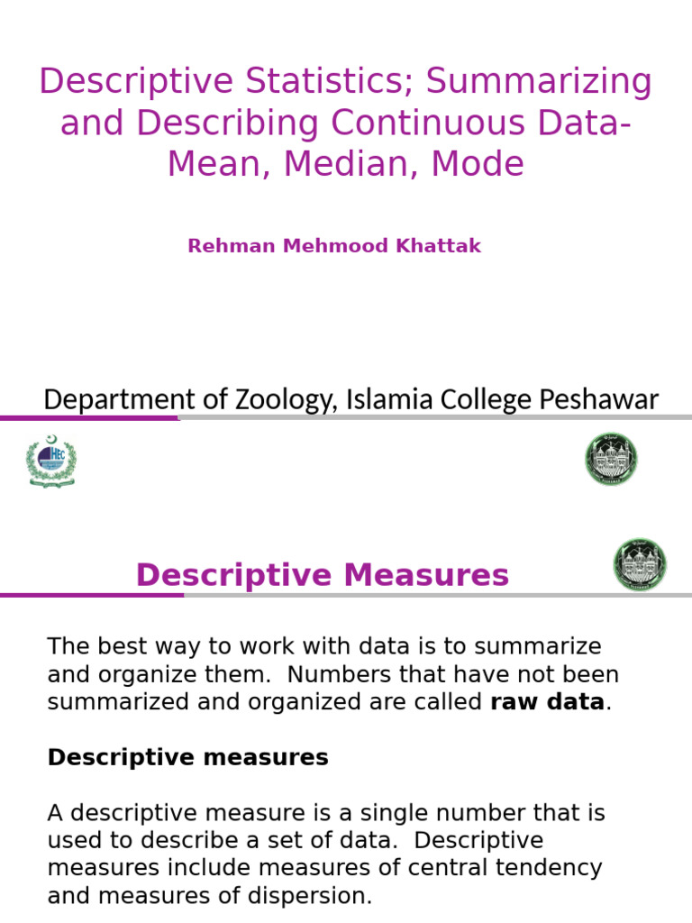 Chapter 4. Descriptive Statistics Mean, Mode Median | PDF