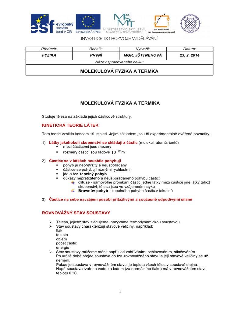 FYZ 1 Molekulová Fyzika A Termika UT PL | PDF