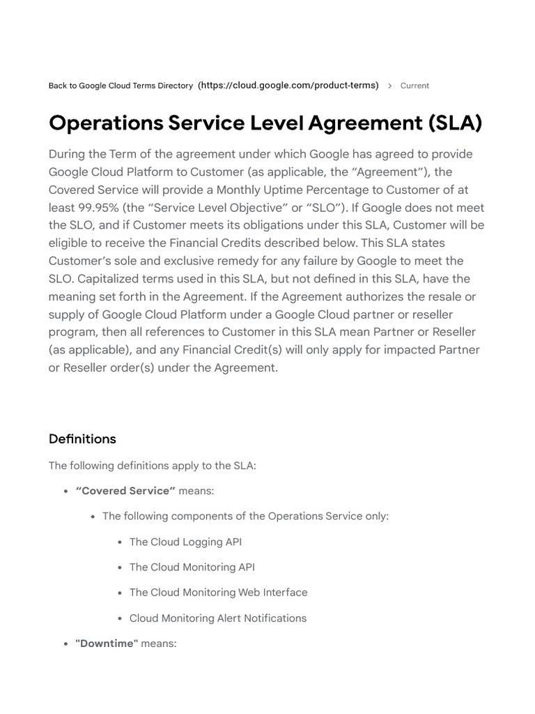 Operations Service Level Agreement (SLA) - Google Cloud | PDF