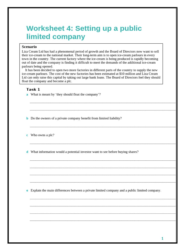 Worksheet 8 - Setting Up A Public Limited Company | PDF