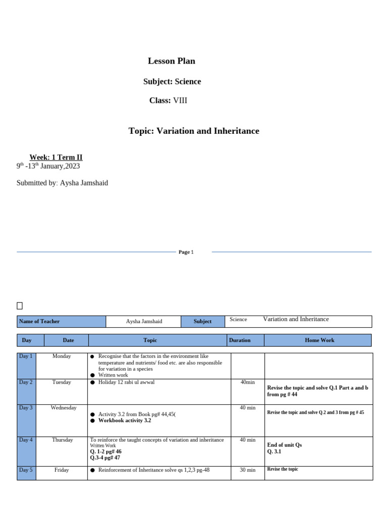Lesson Plan 8 Week 1 Variation 2023 | PDF