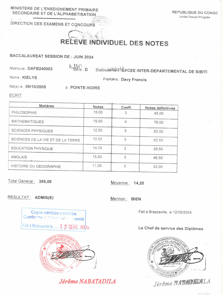 Legalisation Releve de Notes Bac KIELYS | PDF