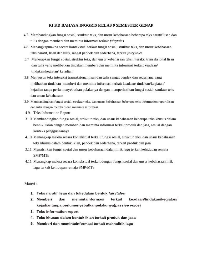 Ki KD Bahasa Inggris Kelas 9 Semester Genap | PDF