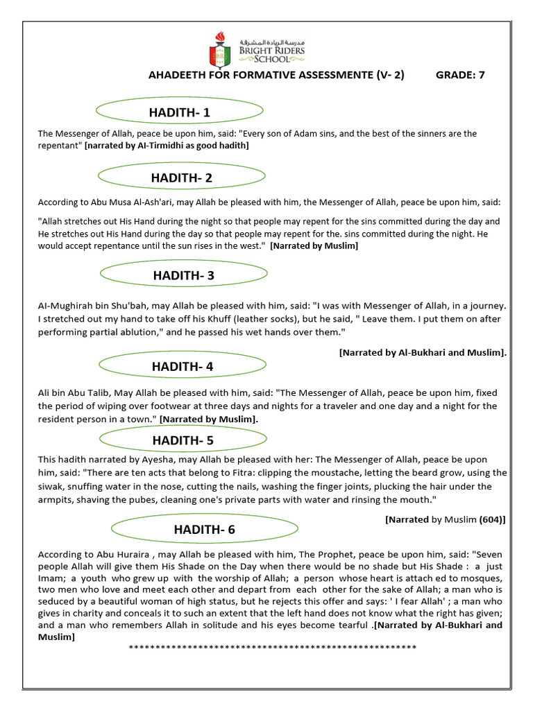 Ahadeeth For Formative Assessmente 2024-25 | PDF