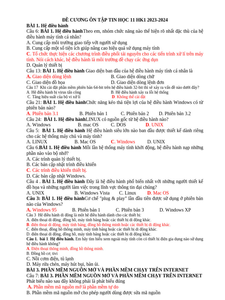 ĐỀ CƯƠNG ÔN TẬP TIN HỌC 11 HK1 2023 2024 tin | PDF