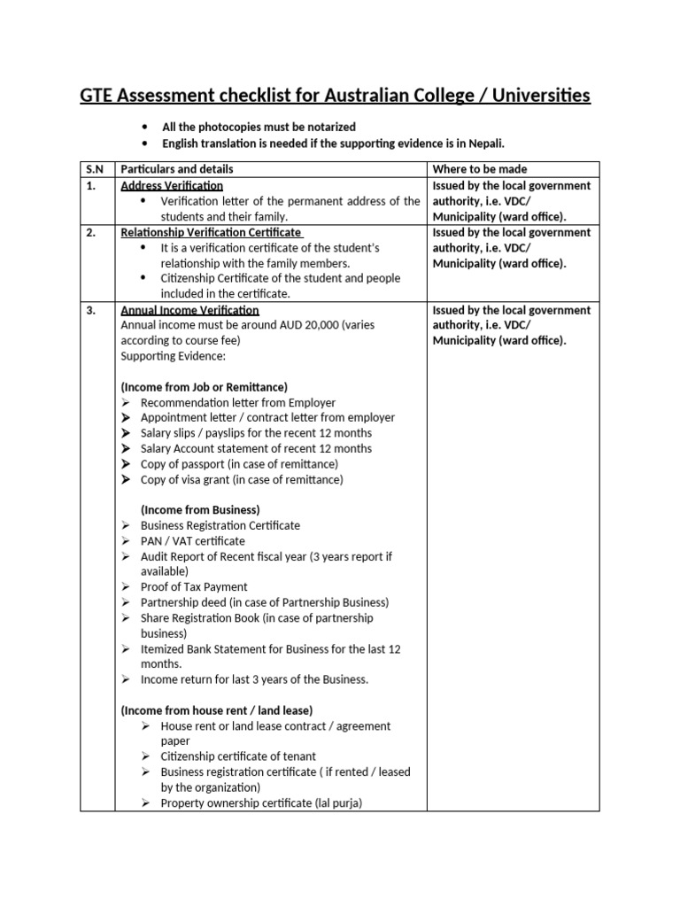 GTE Assessment Checklist For Australian College (Australia) | PDF