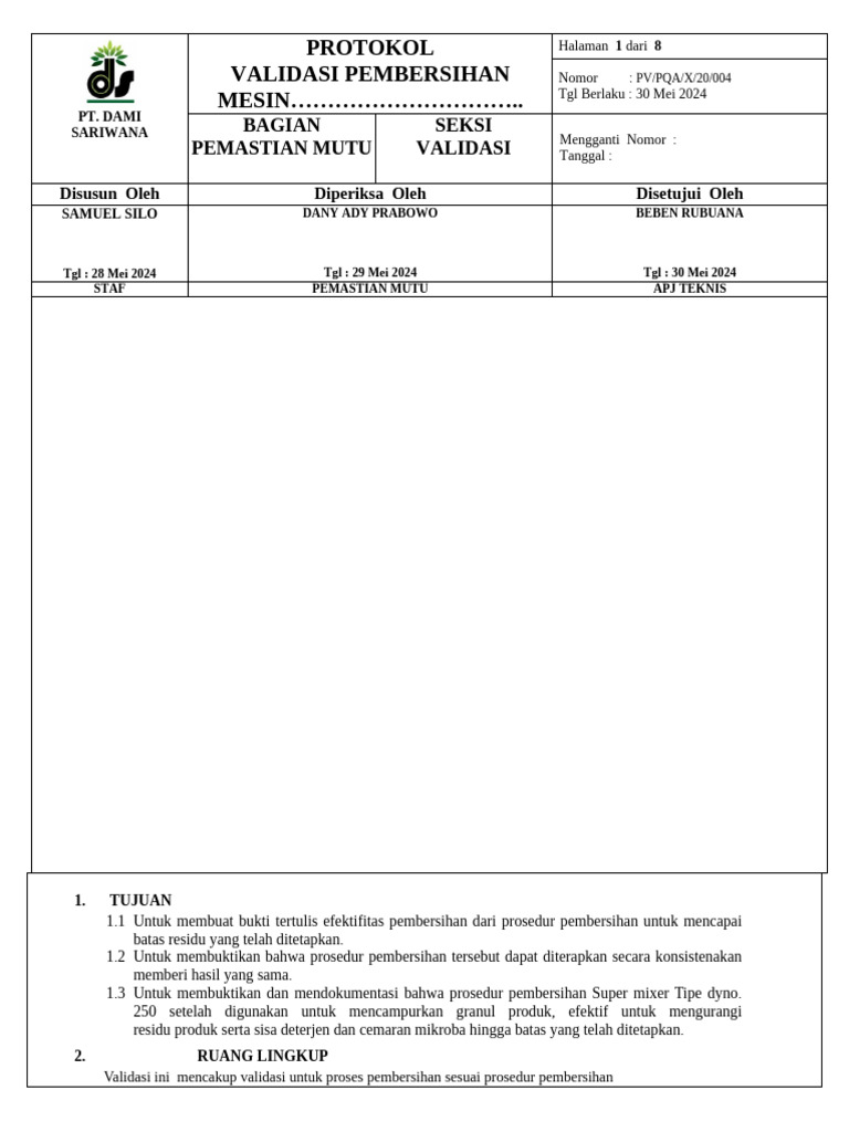 004 Protokol Validasi Pembersihan Mesin Mixing | PDF