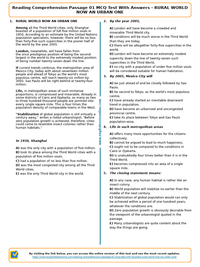 571 Reading Comprehension Passage 01 MCQ Test With Answers Rural World ...