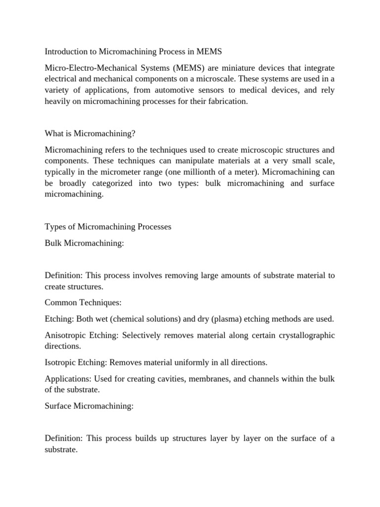 Introduction To Micromachining Process in MEMS-1 | PDF