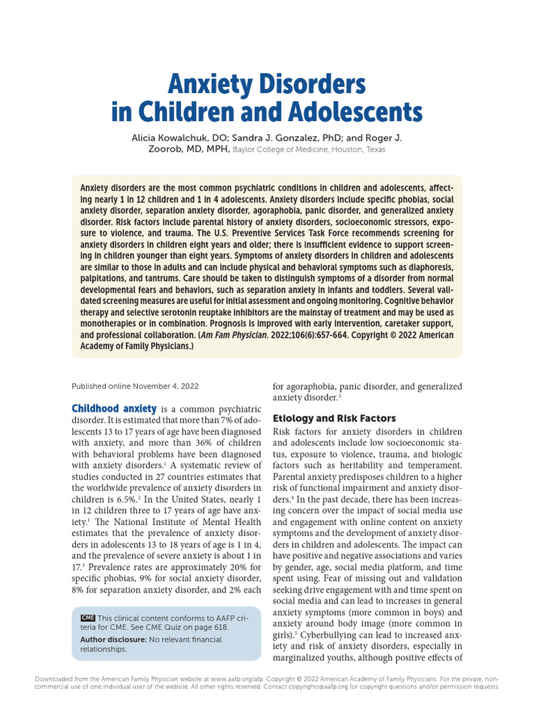 Anxiety Disorders Children Adolescents | PDF