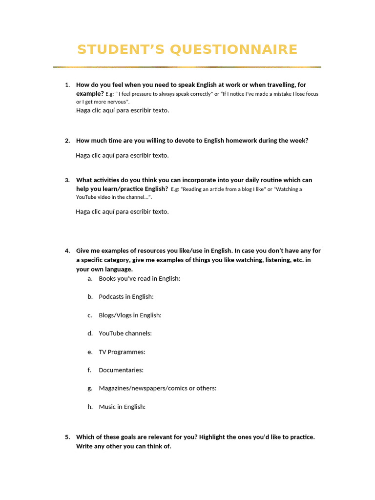 Questionnaire For New Students | PDF | Psychology | Social Psychology