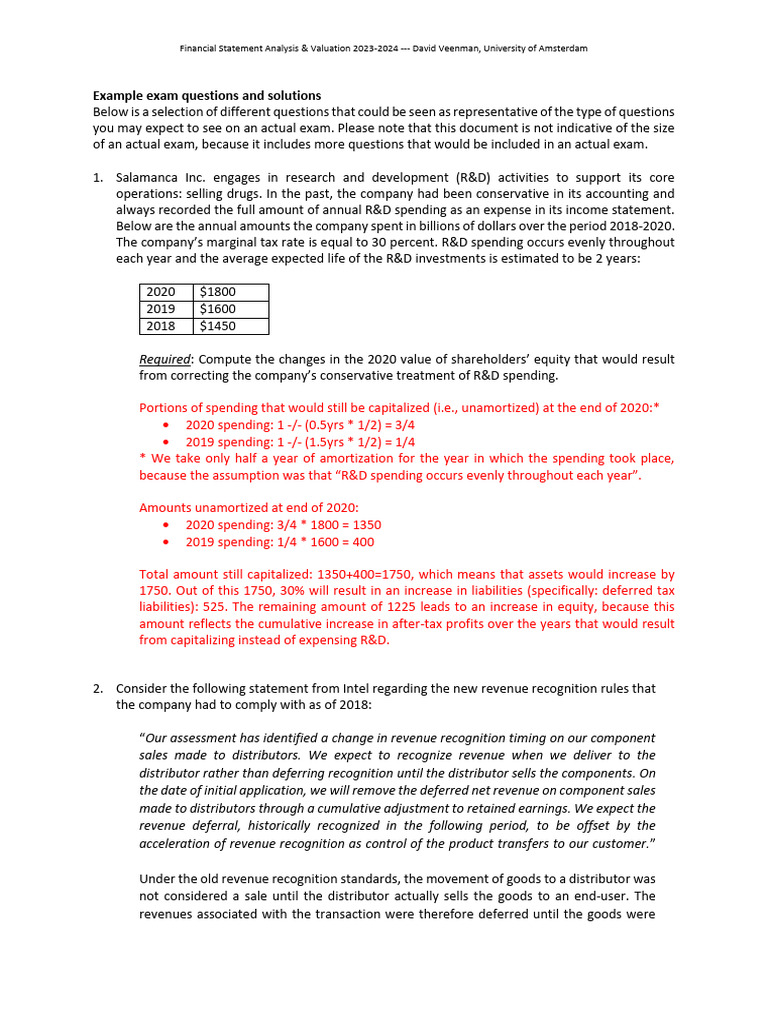 2024 Example Questions Solutions | PDF | Valuation (Finance ...