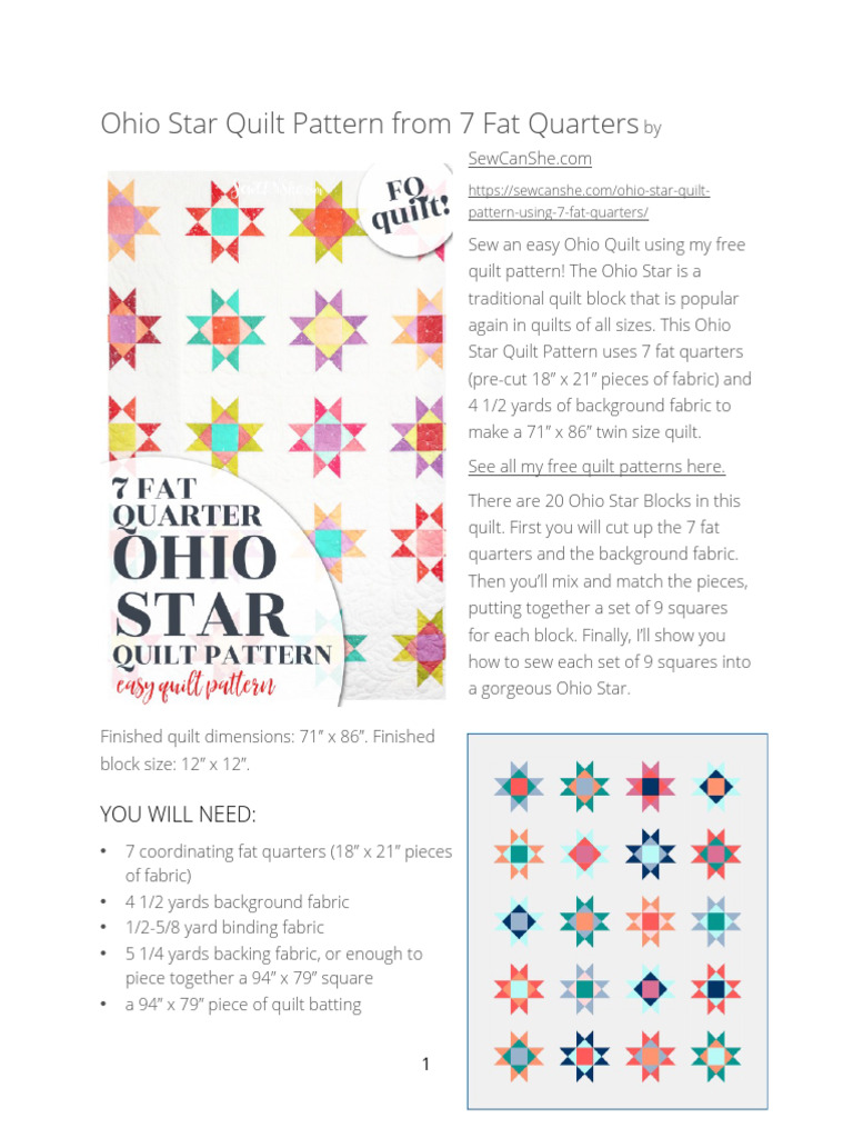 Ohio Star Quilt Pattern With 7 Fat Quarters | PDF