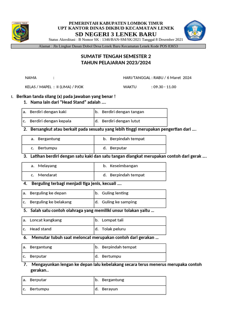 Soal PTS PJOK Kelas 5 Semester 2 | PDF