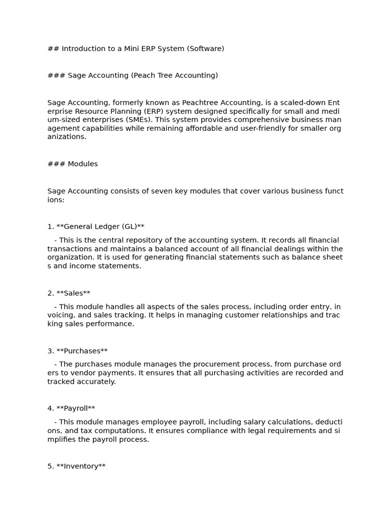 Introduction To A Mini ERP System (Sage Peachtree Accountings) Notes ...