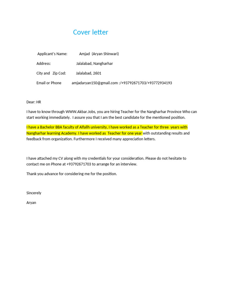 Cover Letter Amjad-WPS Office | PDF