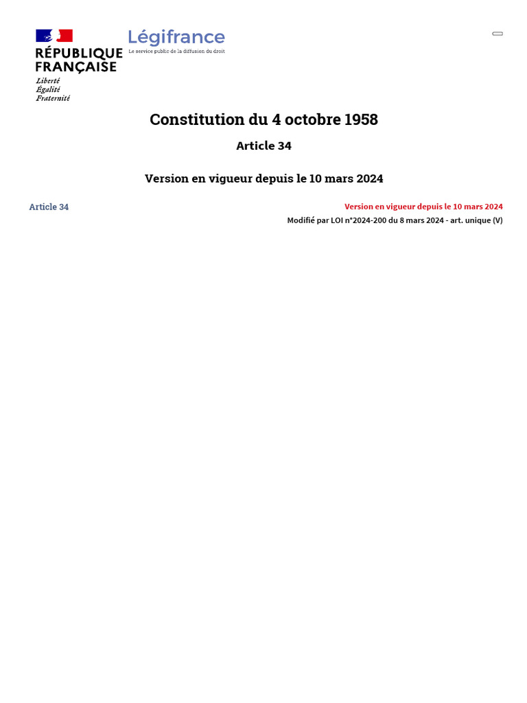 Article 34 - Constitution Du 4 Octobre 1958 - Légifrance | PDF
