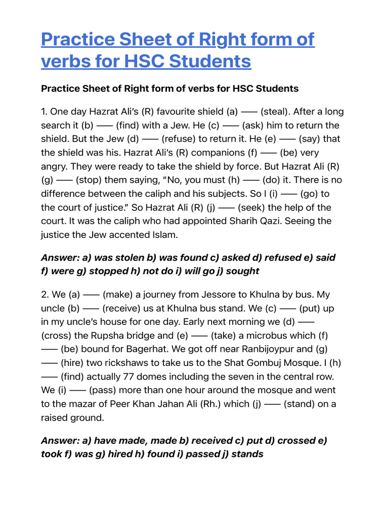 Practice Sheet of Right Form of Verbs For HSC Students | PDF | Language ...