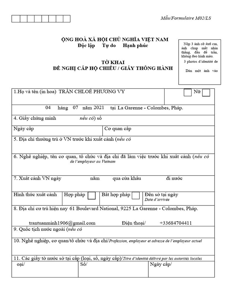 Mau To Khai Cap Doi Ho Chieu M02 LS | PDF
