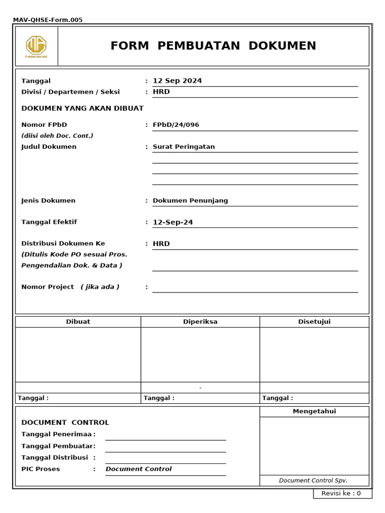 MAV-QHSE-Form.005 R.0-1 Form Pembuatan Dokumen (FPBD) | PDF