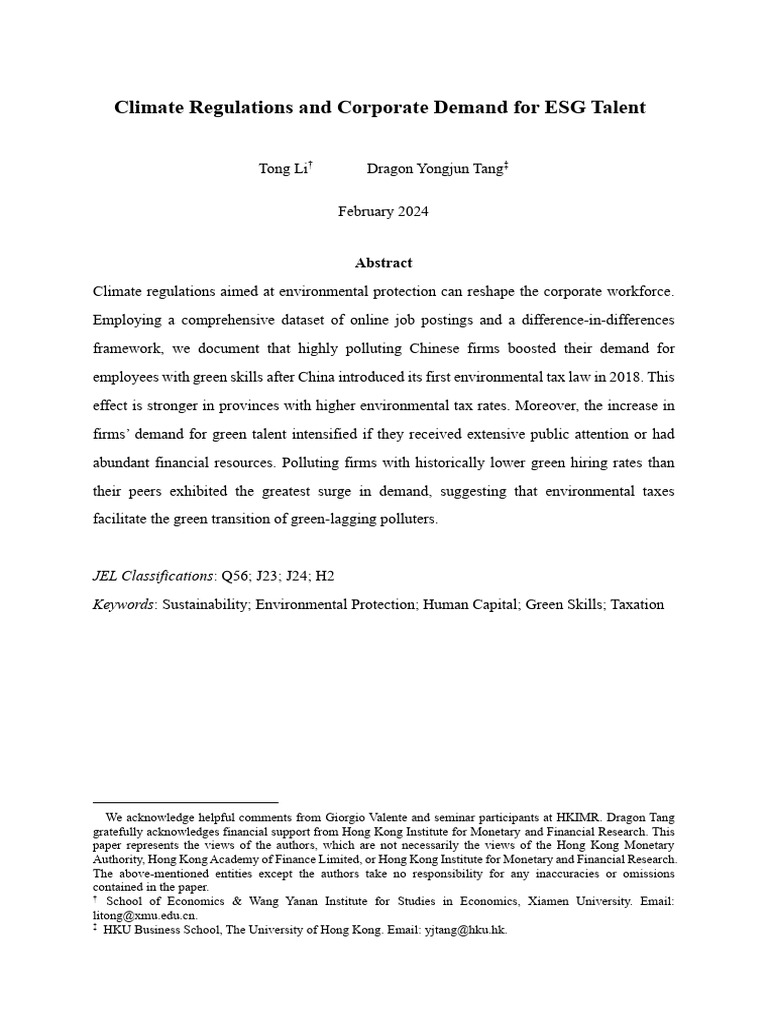 Climate Regulations and Corporate Demand For ESG Talent | PDF