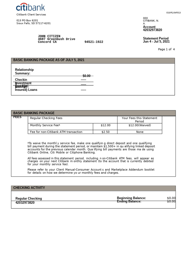 USA Citibank Statement Word and PDF Template | PDF
