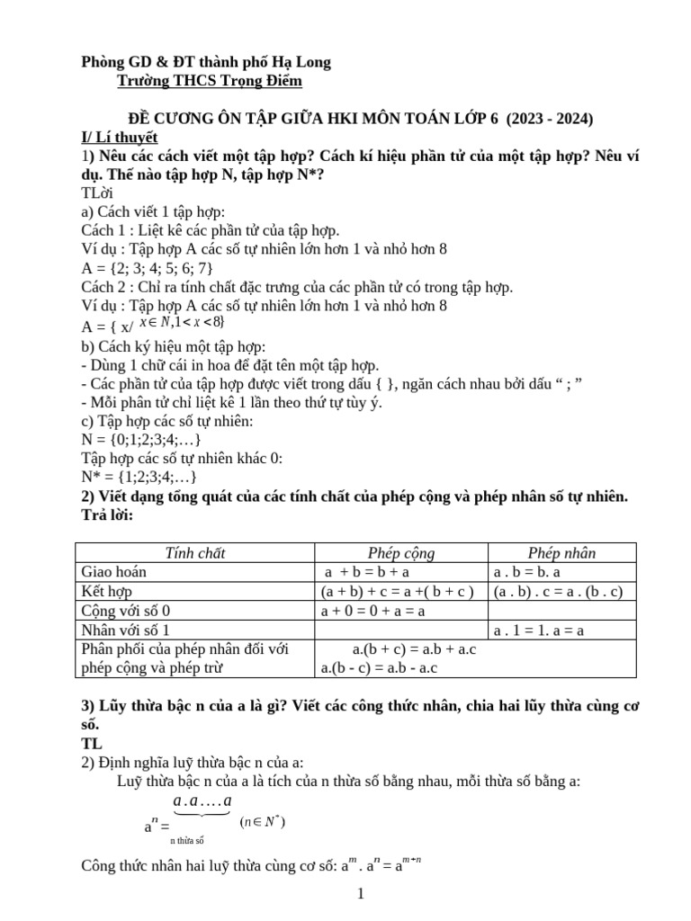 B Nga- Đề cương dap an GK 1 toán 6 - thuynga bui | PDF