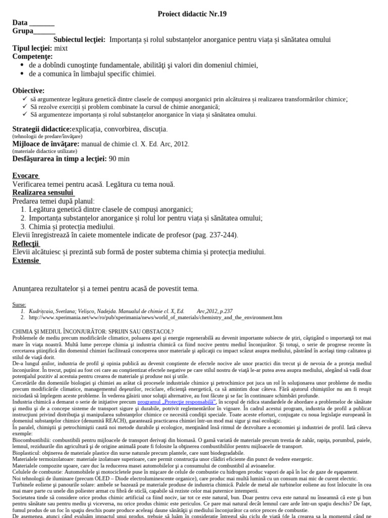 Proiect didactic Nr 19 legatura gen din subst anorganice | PDF