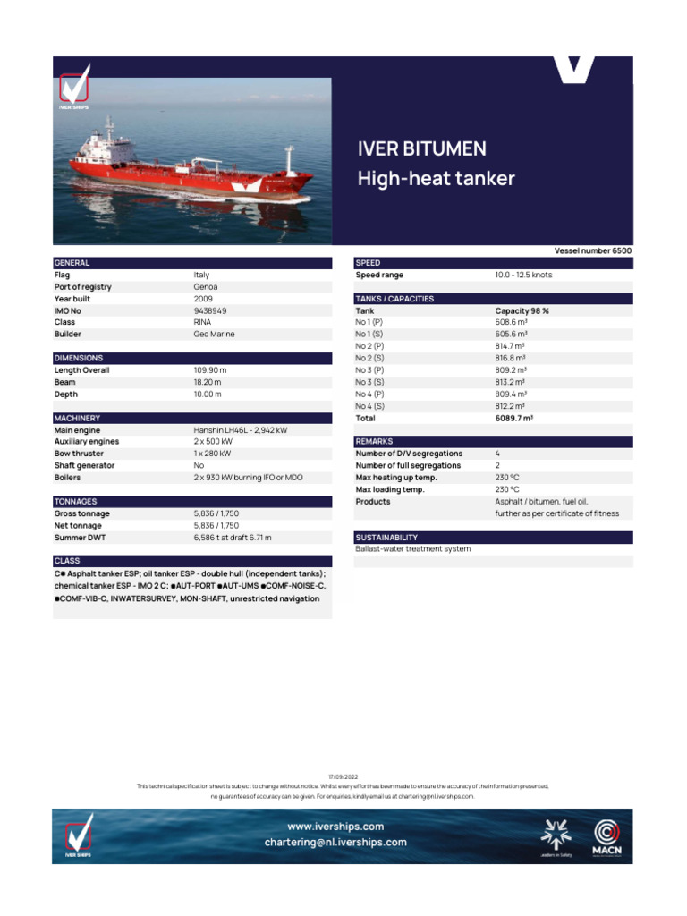 Vessel Particulars Iver Bitumen | PDF