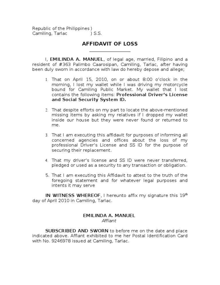 Affidavit of Loss - License