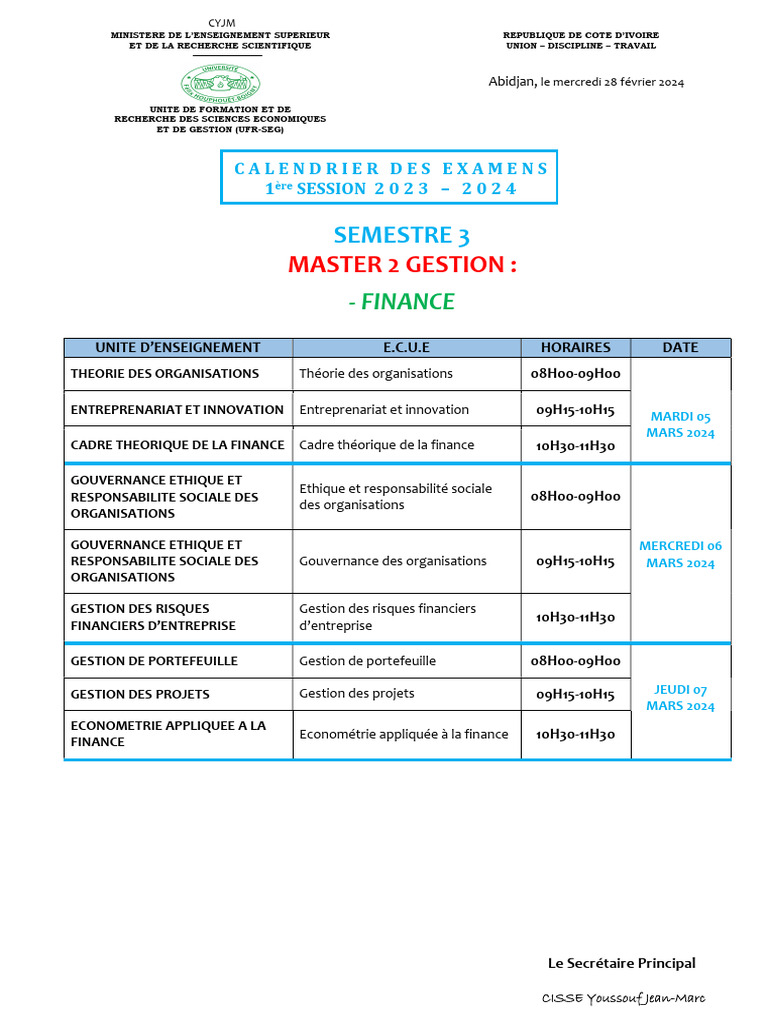Calendrier Des Examens Master 2 Gestion s3 1ère Session 2023 2024 | PDF