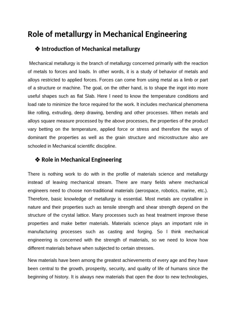 Role of Metallurgy in Mechanical Engineering | PDF