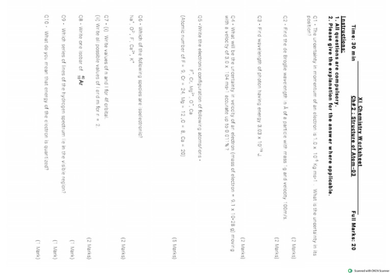Structure of Atom Worksheet 1 | PDF
