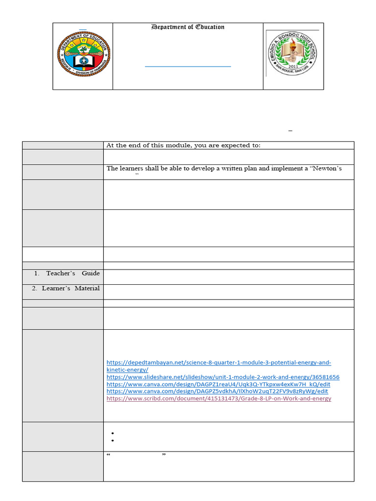 Lesson Exemplar Work JPower JEnergy | PDF